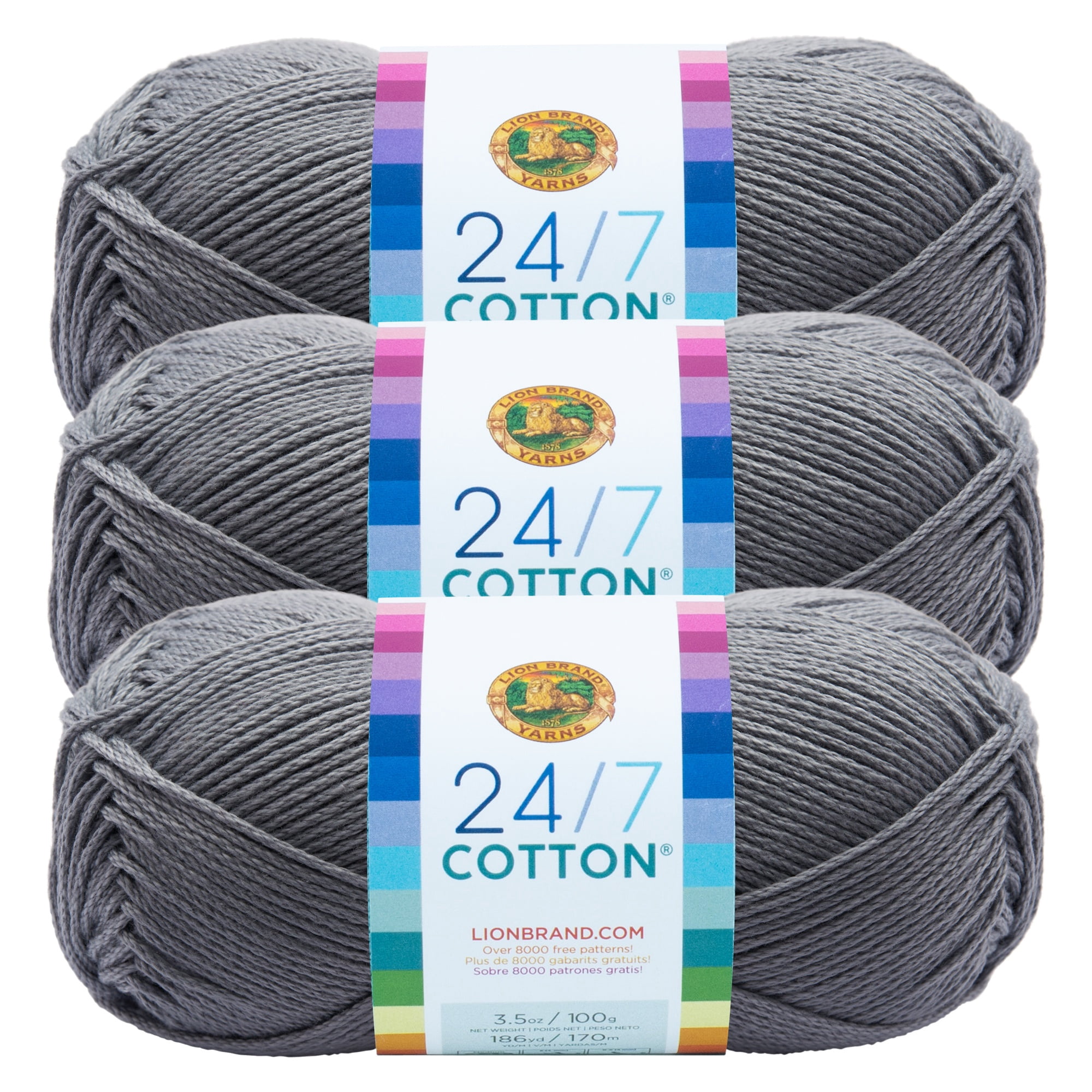 Lion Brand Yarn 24/7 Cotton Silver Medium Mercerized Cotton Yarn 3 Pack ...