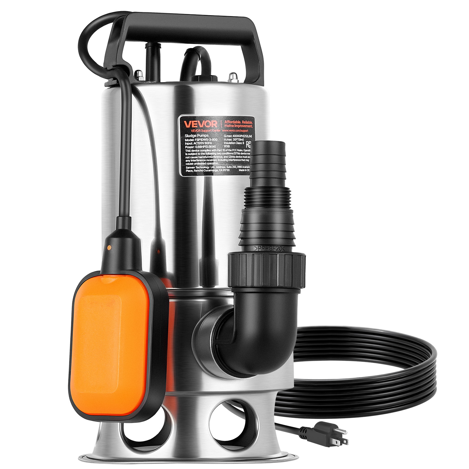 VEVOR 0.68 HP Submersible Sump Pump, 4000 GPH, Stainless Steel ...
