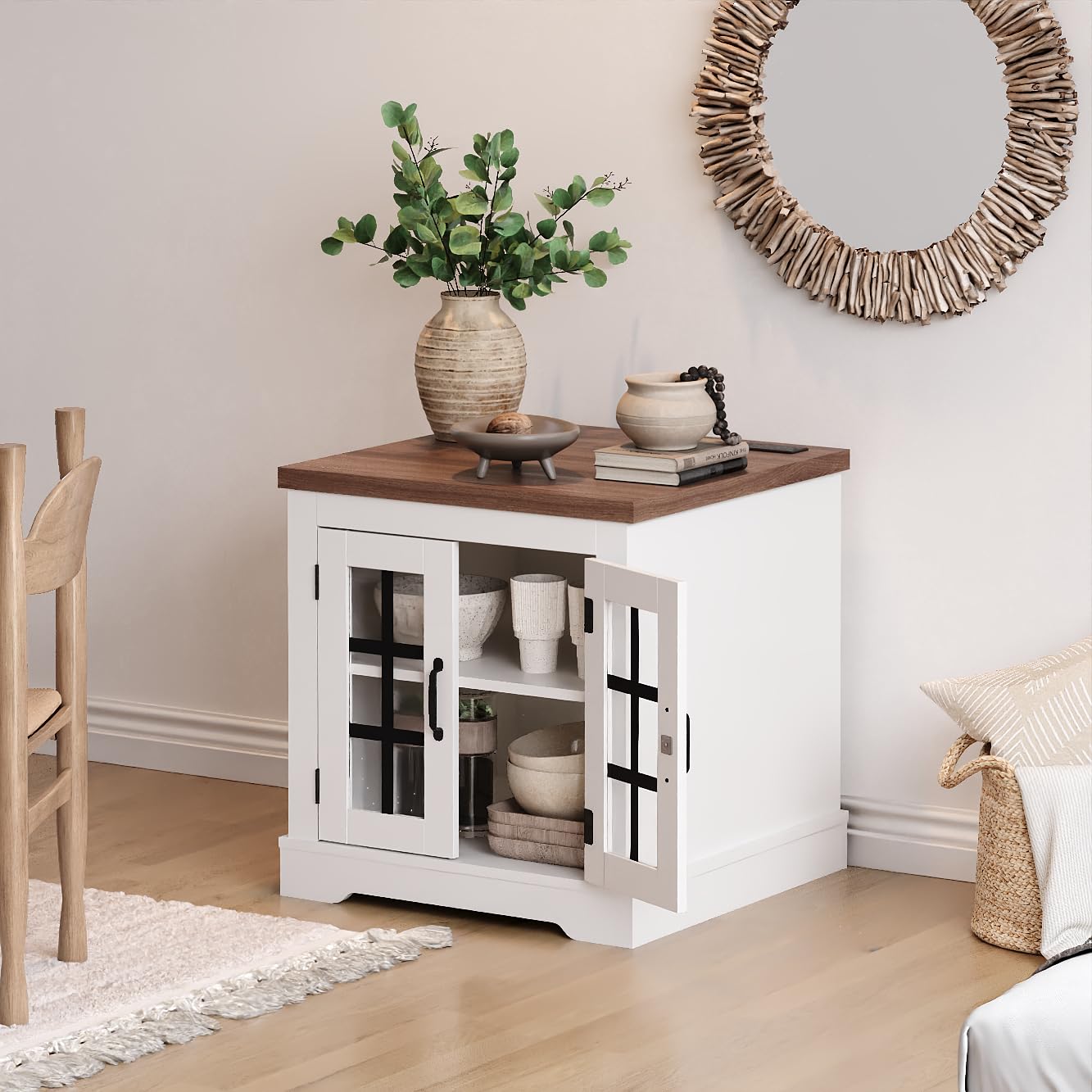 Modern Buffet Cabinet with Storage, Glass Doors & Built-in Power Outlet ...