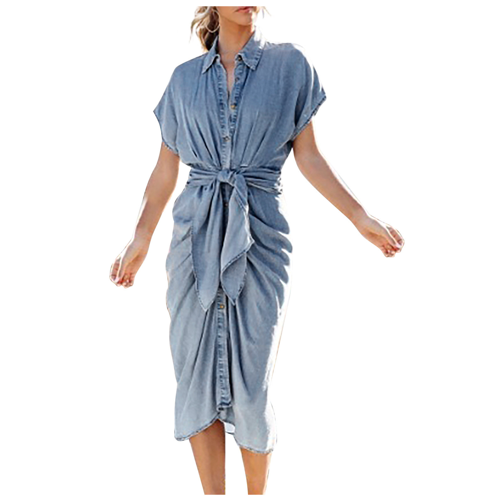 QUYUON Shirt Dresses for Women Ruched Bodycon Midi Dress Button Down ...