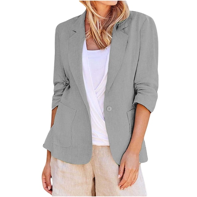aohooy Linen Blazer Women Summer Lightweight Single Button 3/4 Sleeve ...