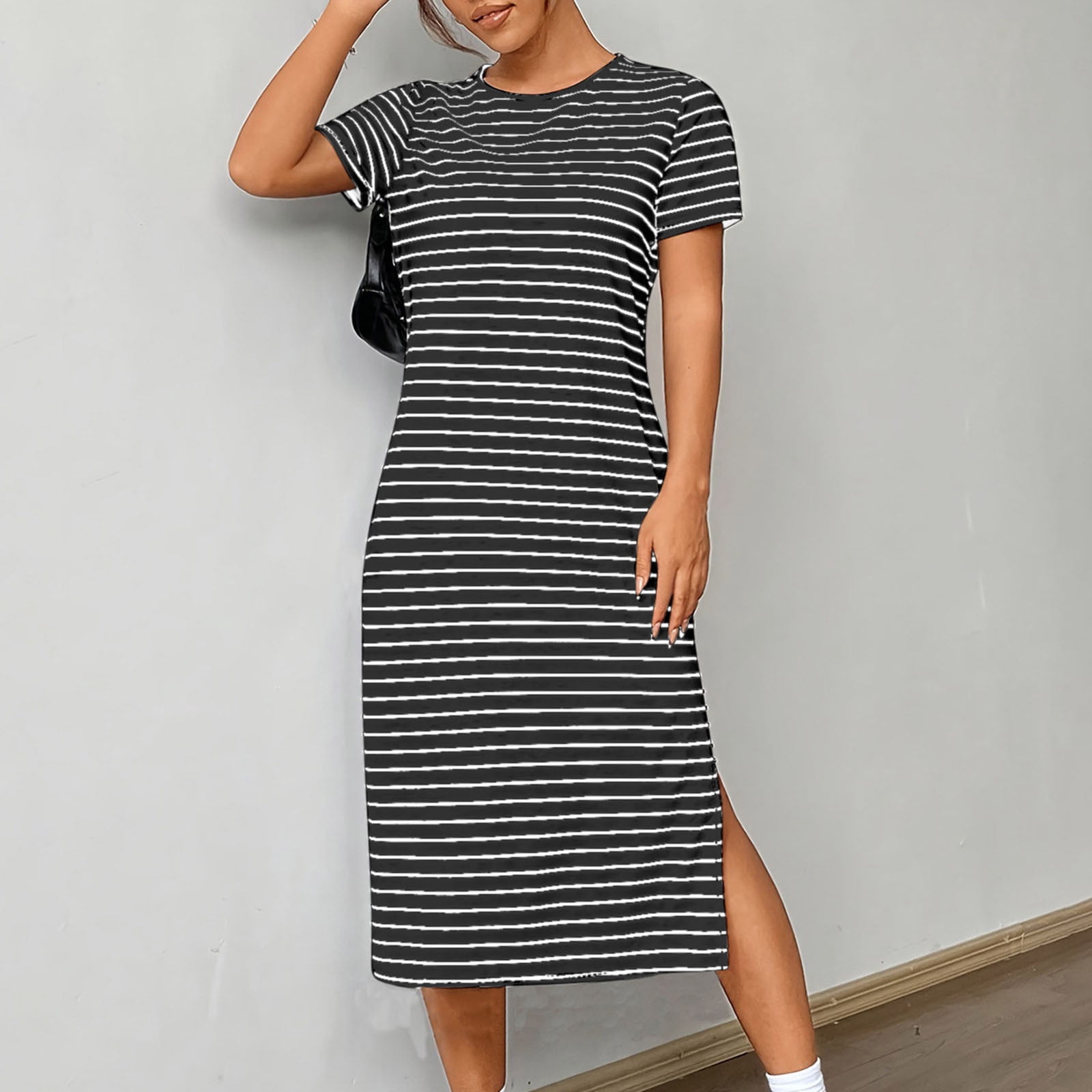 Women's Summer Dress, Casual Short Sleeve Pocket Dress, Striped Mid ...