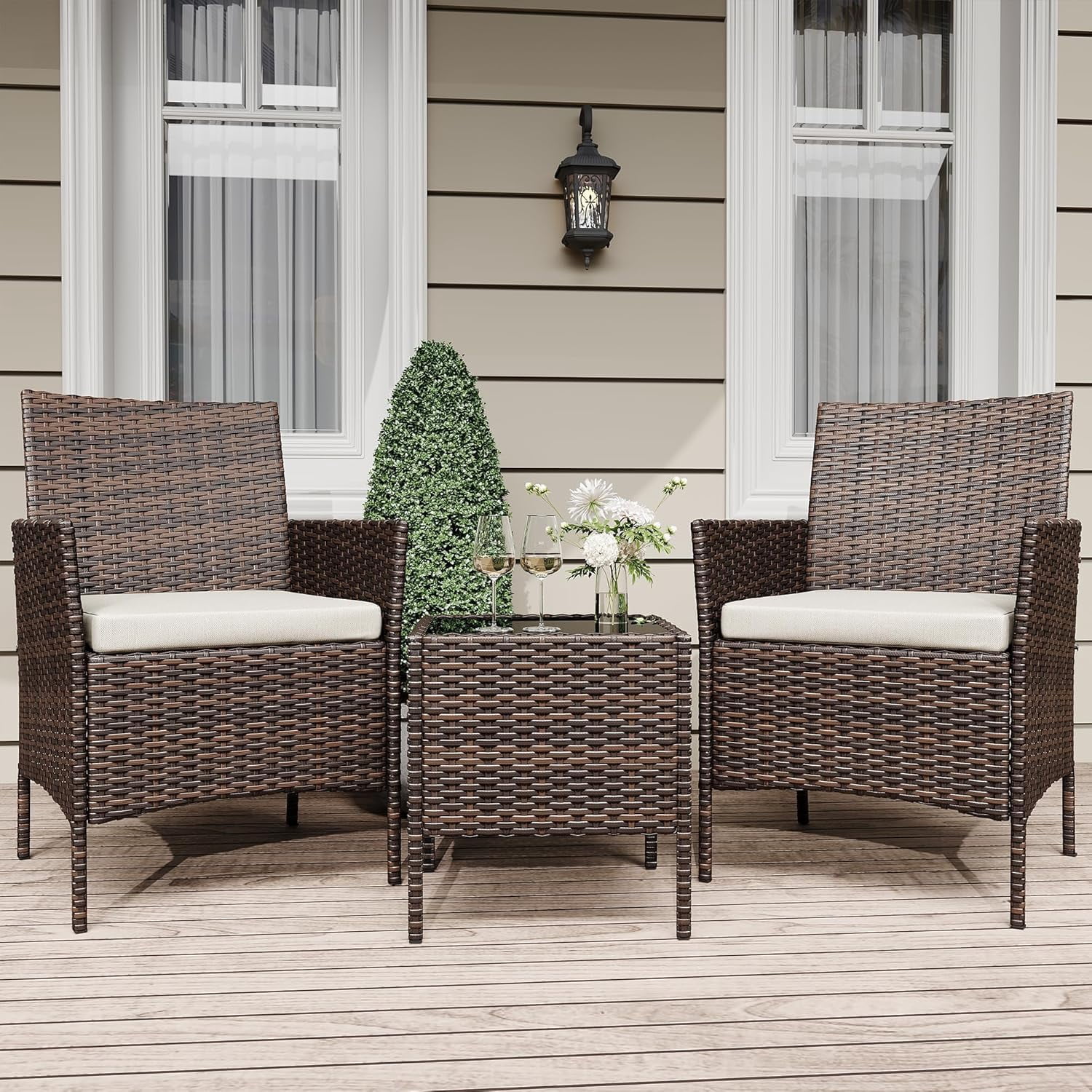 YUSAZENS 3 Piece Rattan Wicker Chair Set, Hand Woven Rattan ...
