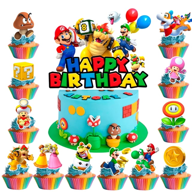 Mario Cake Topper, 12pcs Birthday Decorations Cupcake Toppers & 1pcs ...