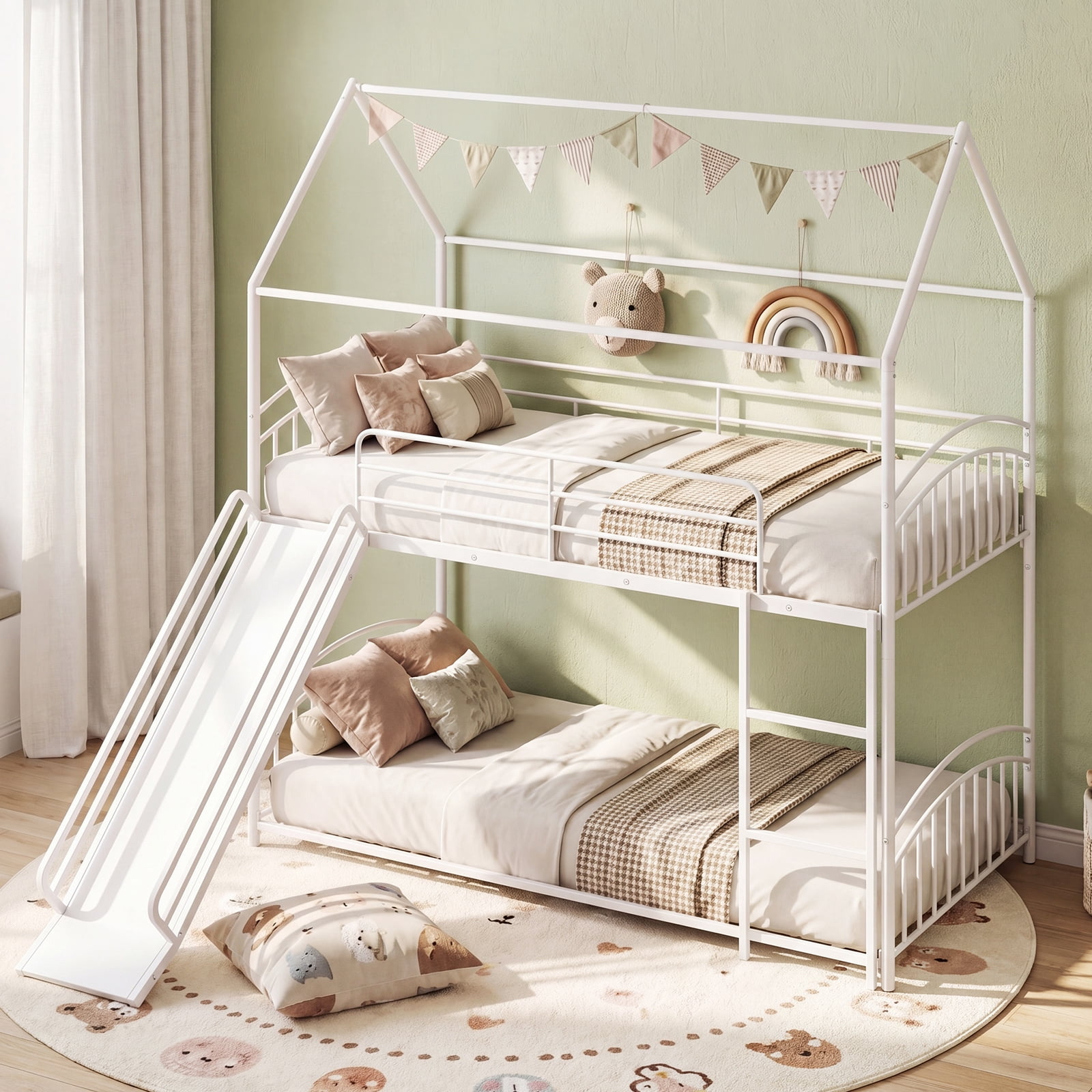 Gymax House Bunk Bed Frame w/ Metal Slats Reversible Ladder & Slide for ...
