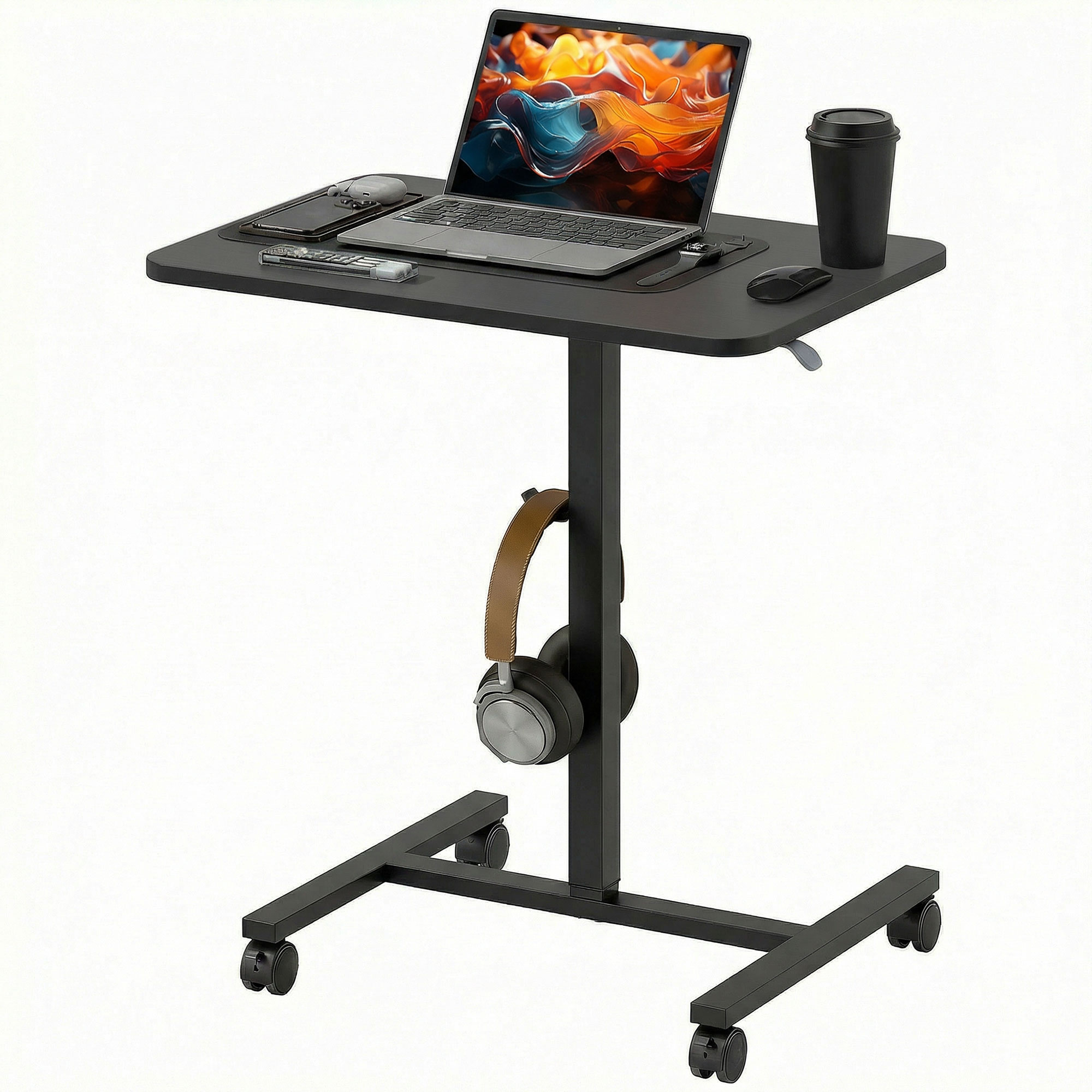HOMCOM Standing Desk Mobile Overbed Table with Wheels, Black Wood Grain ...