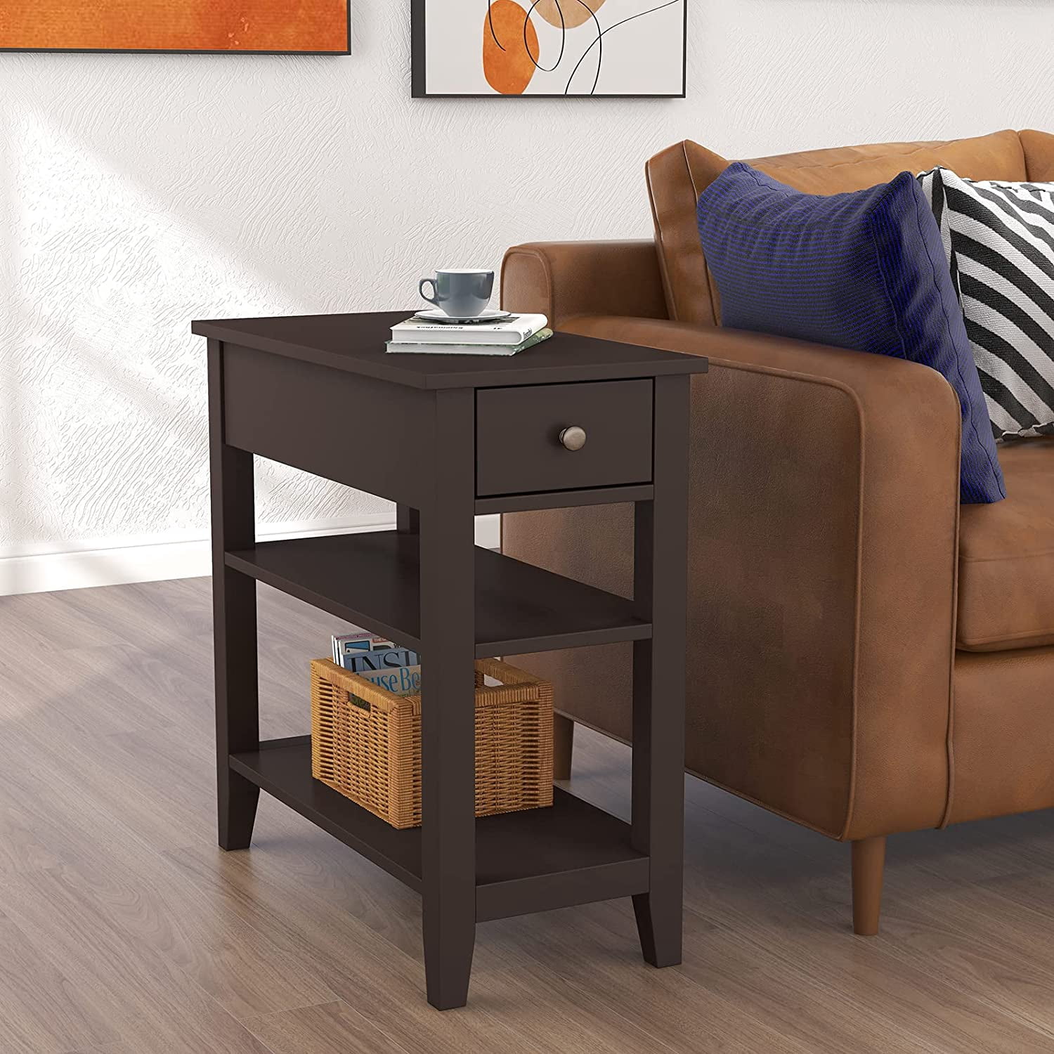 Narrow End Table with Drawer and Shelf, 3-Tier Sofa End Table for Small ...