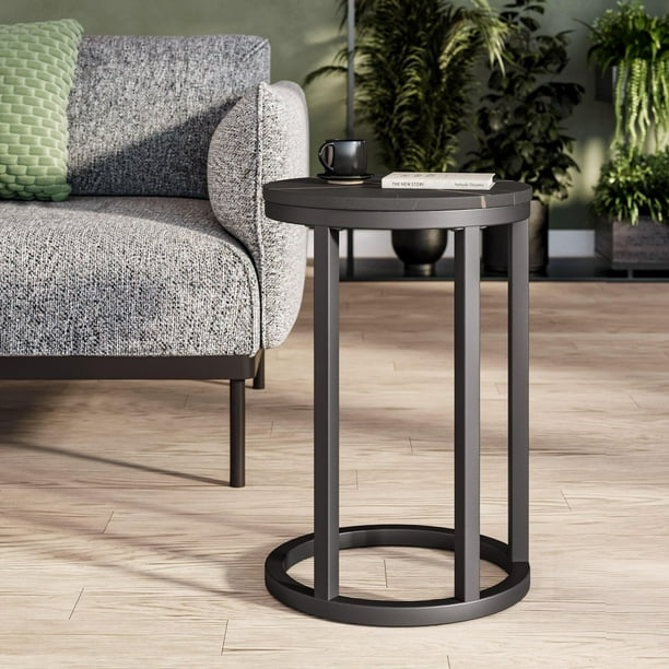 CorLiving Fort Worth Engineered Wood Round Top Side Table with C-Shaped ...