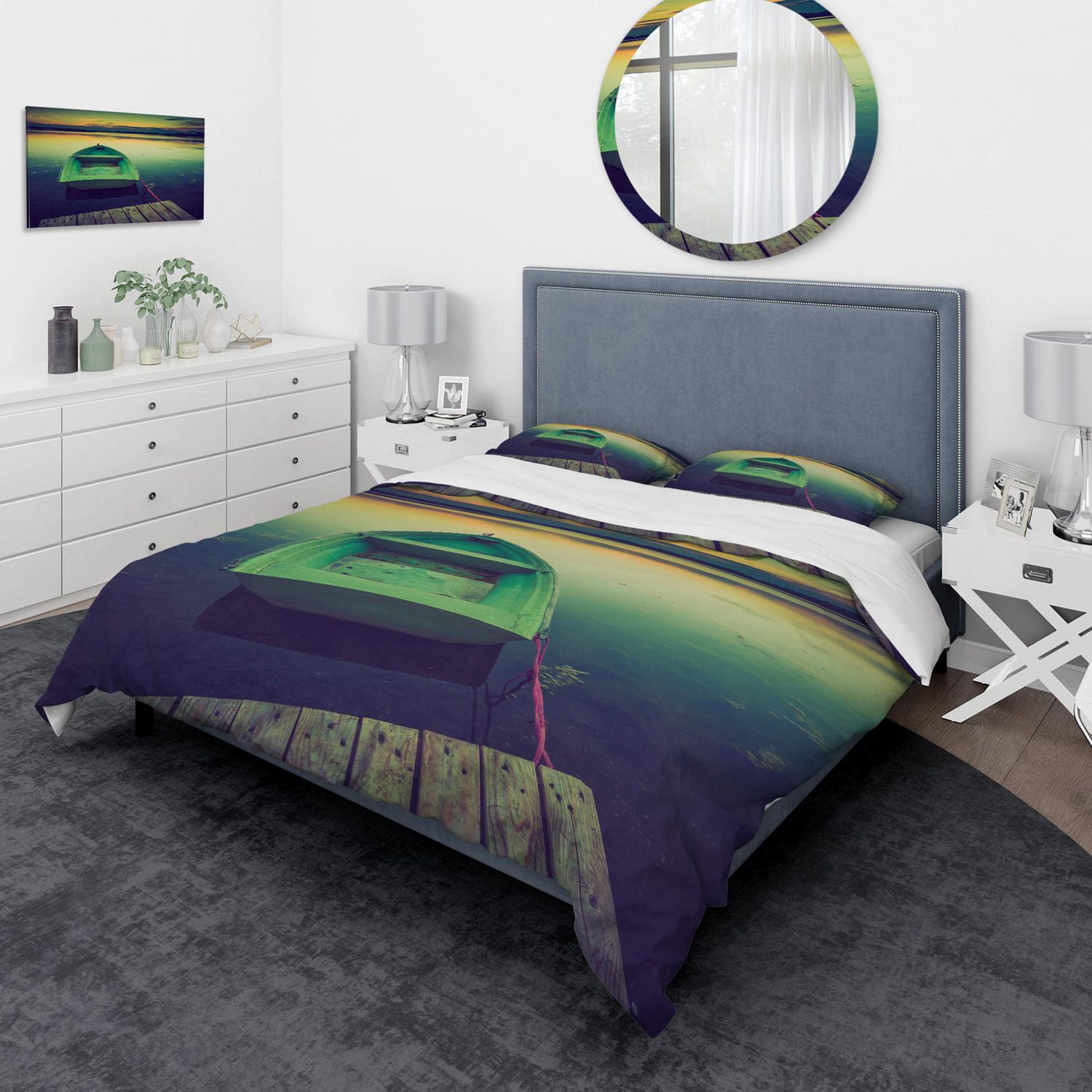 Designart Boat and Wooden Pier in Lake Traditional Duvet Cover Set ...