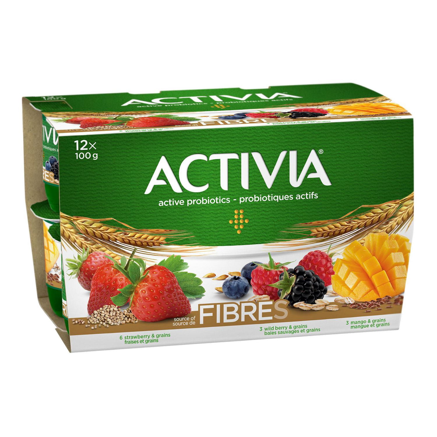 Activia Probiotic Yogurt, Strawberry/Wildberry/Mango Flavour, 12x100g ...