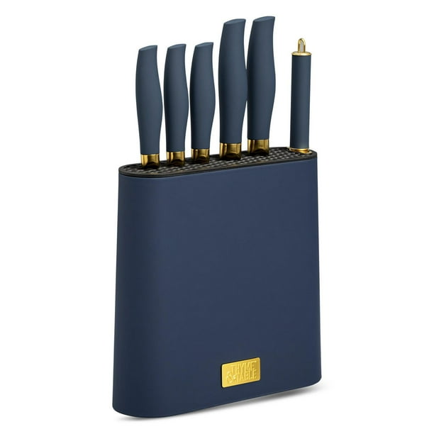 Thyme & Table 7-Piece Slim Block Knife Set with Gold Blades and Blue ...