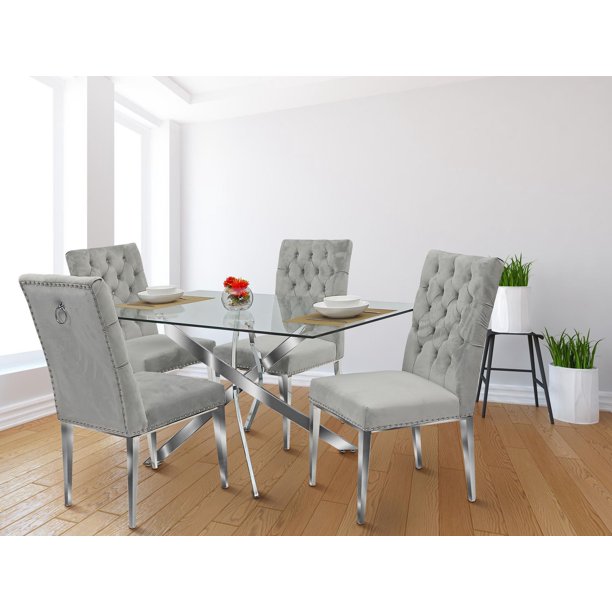 K-LIVING BELLA 5PCS DINING SET WITH 60" RECTANGLE TEMPERED GLASS & CHROME BASE TABLE AND GREY ...