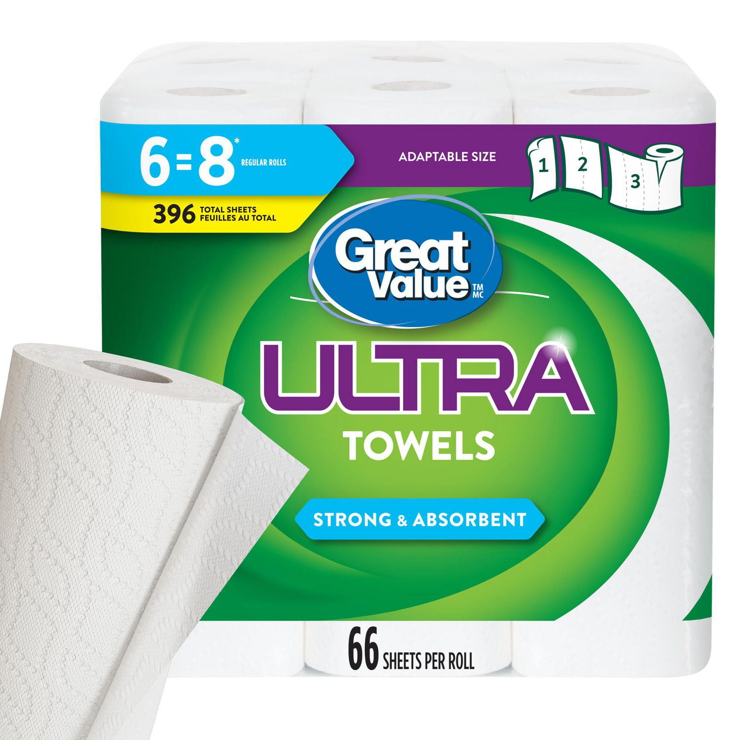 Great Value Ultra Paper Towels, 6 Equal 8 Rolls, 66 Sheets/roll, 2-ply ...