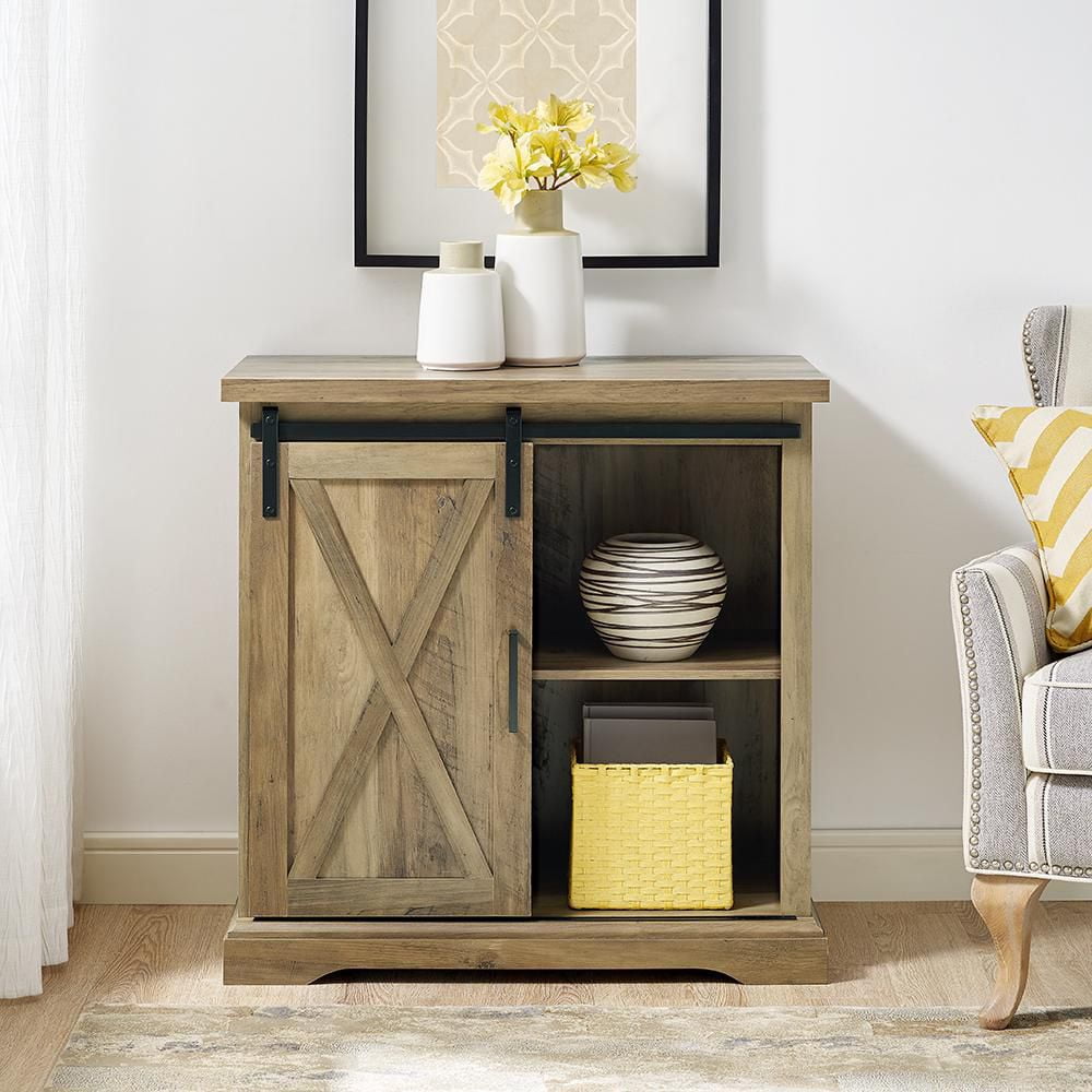 Barnwood and white sliding barn door accent cabinet by manor park store