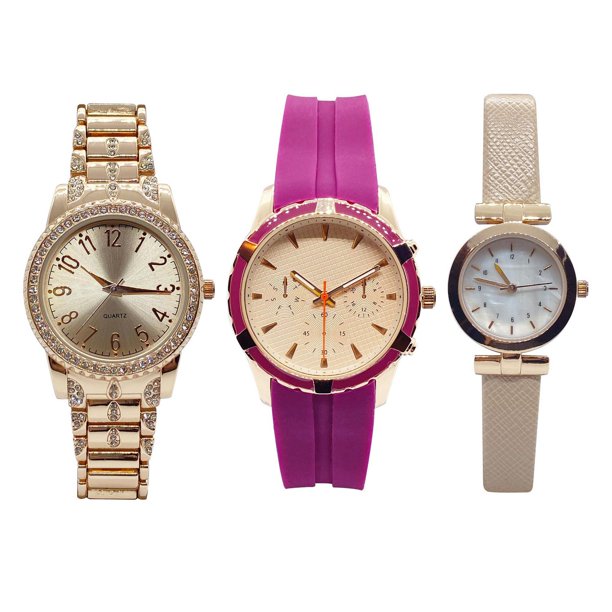 Ladies Fashion Metal, Strap and Silicone 3pc Rose Gold Watch Set ...