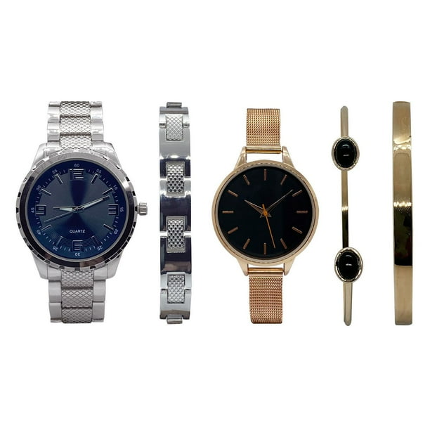 Mens Silver Metal 2pc and Ladies Rose Gold 3pc Watch Sets - Walmart.ca