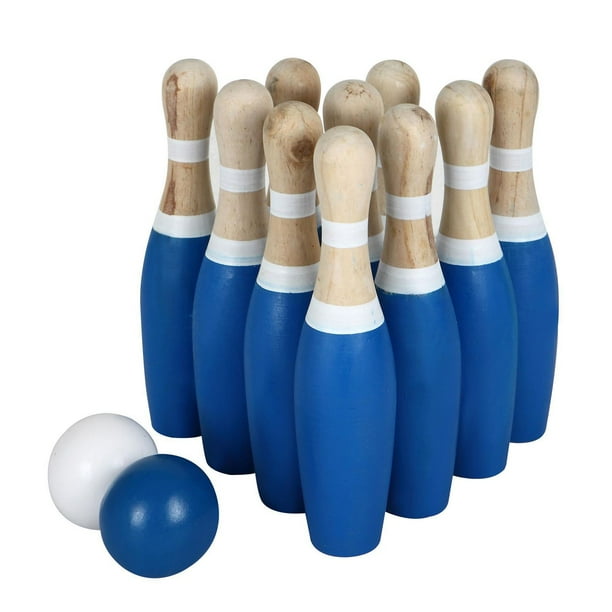 10-Pin Lawn Bowling Game with Solid Wood Pins and Balls – Blue/White ...