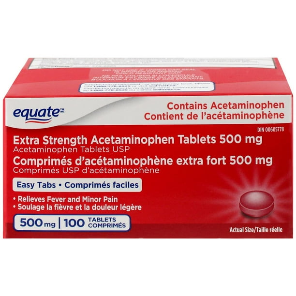 Equate Extra Strength Easy Tabs 500 mg, 100 Acetaminophen Tablets USP ...