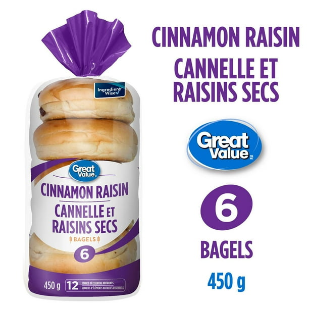 Great Value Cinnamon Raisin Bagels, 6 pk, 450 g - Walmart.ca