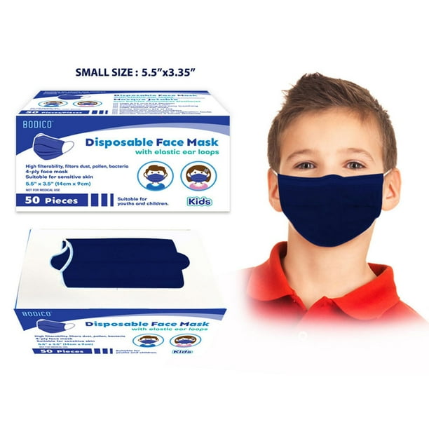 50-Piece 4-Ply Disposable Navy Blue Kids Face Masks, Pack of 50 ...