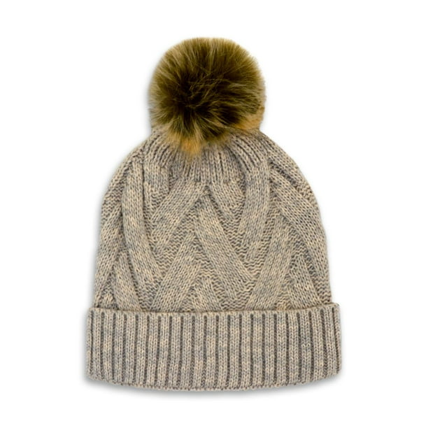 Hot Paws Ladies' Knit hat with fold up brim and Faux Fur PomPom, One ...