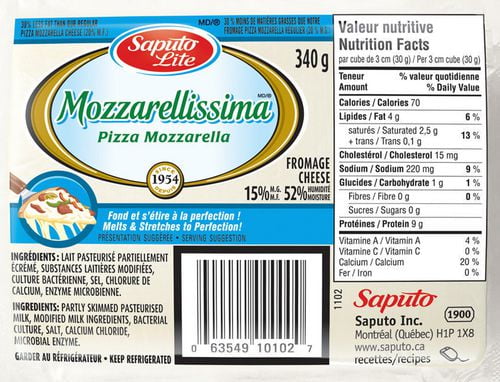 Saputo Lite Mozzarellissima Pizza Mozzarella Cheese | Walmart Canada