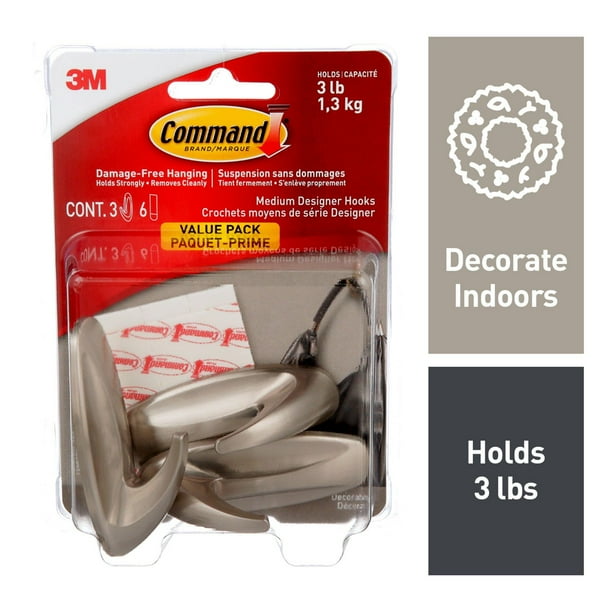 Command™ Designer Hook 17081BN-3EF, Brushed Nickel, Medium, 3 lb, 3 ...