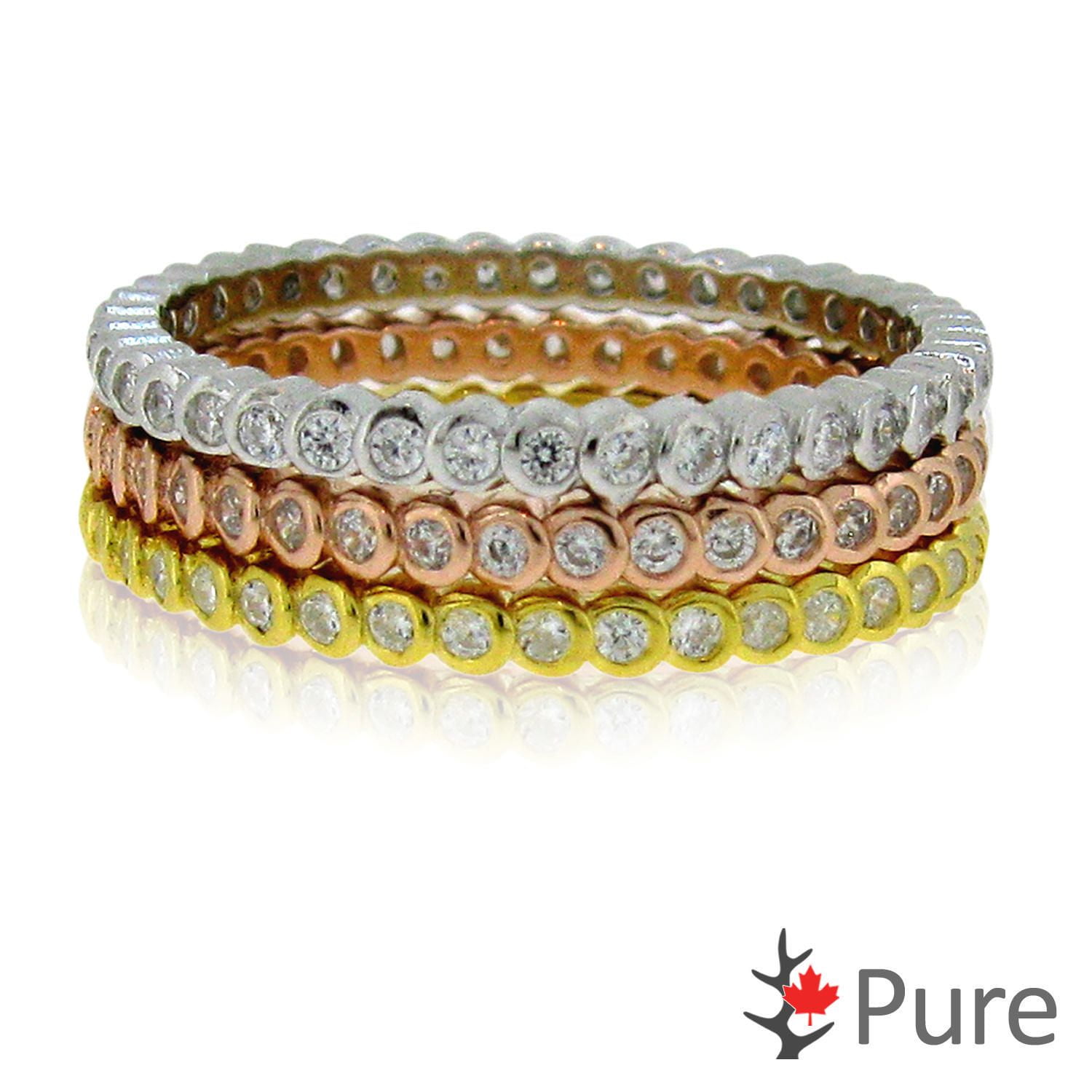 Pure 3 Piece Tri-Tone Stackable CZ Eternity Ring Set in Sterling Silver ...
