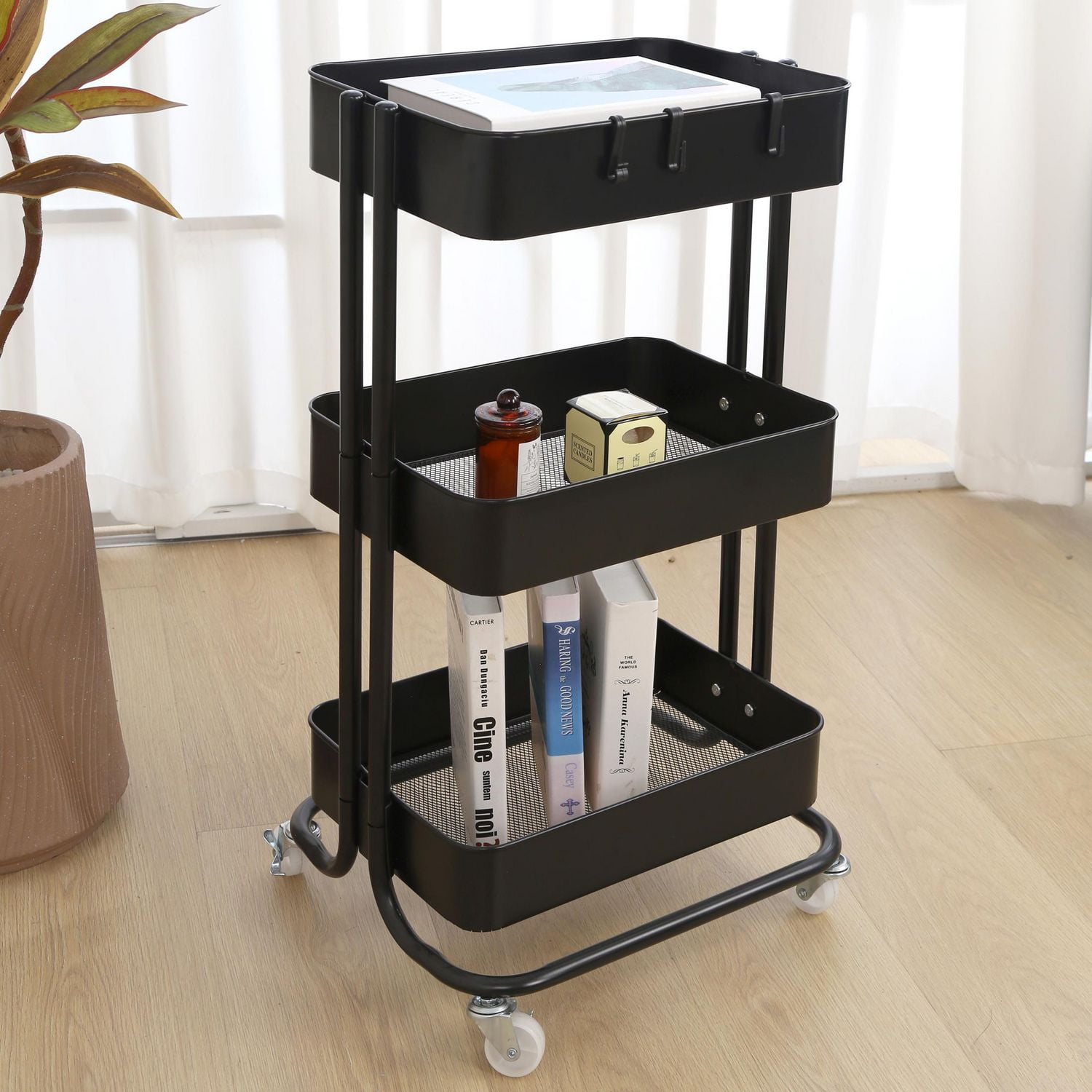 Mainstays Rolling Cart, 3-Tier Metal Utility Cart with wheels for ...