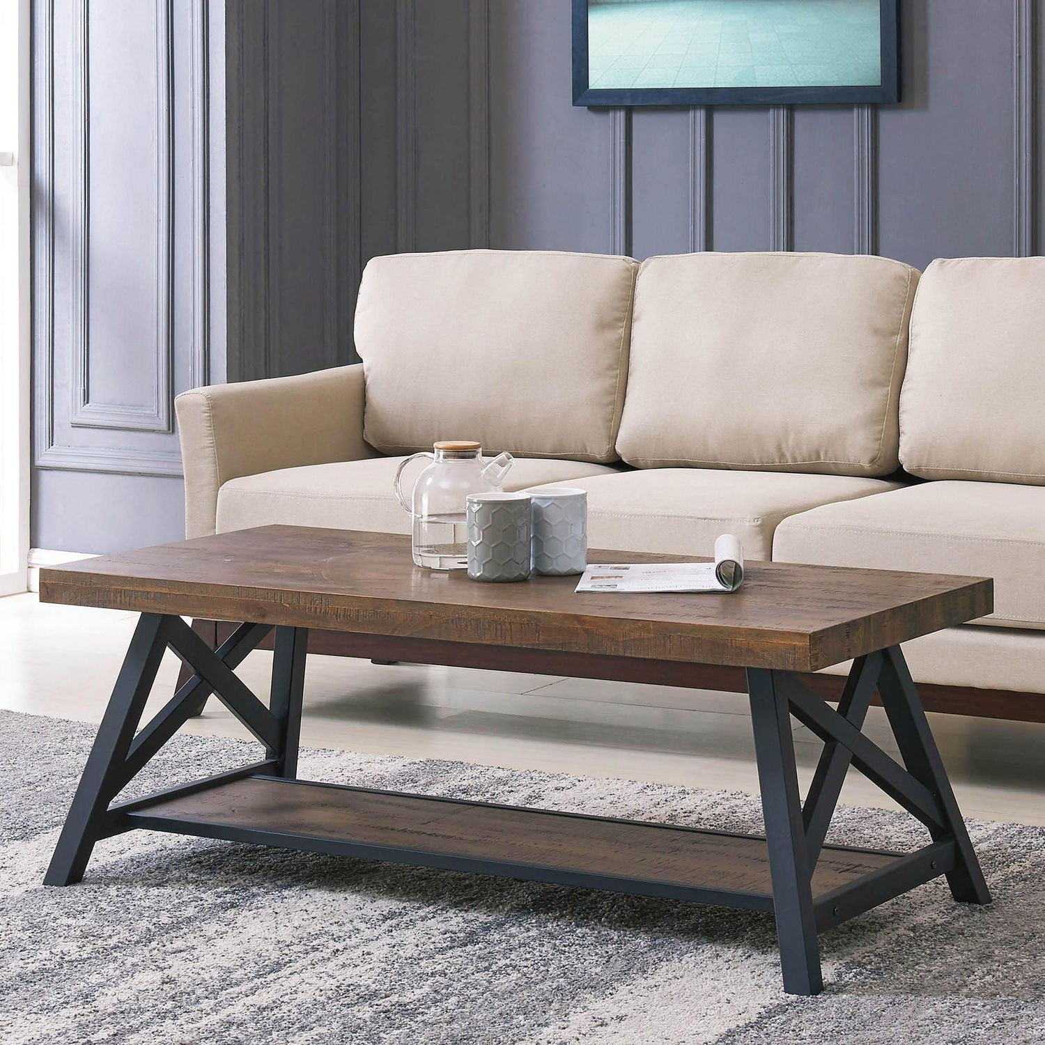 Rustic Modern MDF Metal Coffee Table in Rustic Oak