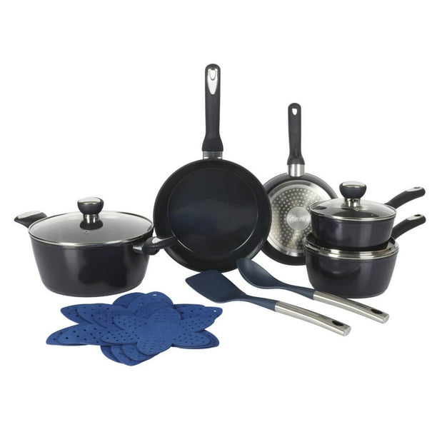 Oster Hawke 14 Piece Aluminum Cookware Set W/ Felts, Blue Sapphire ...