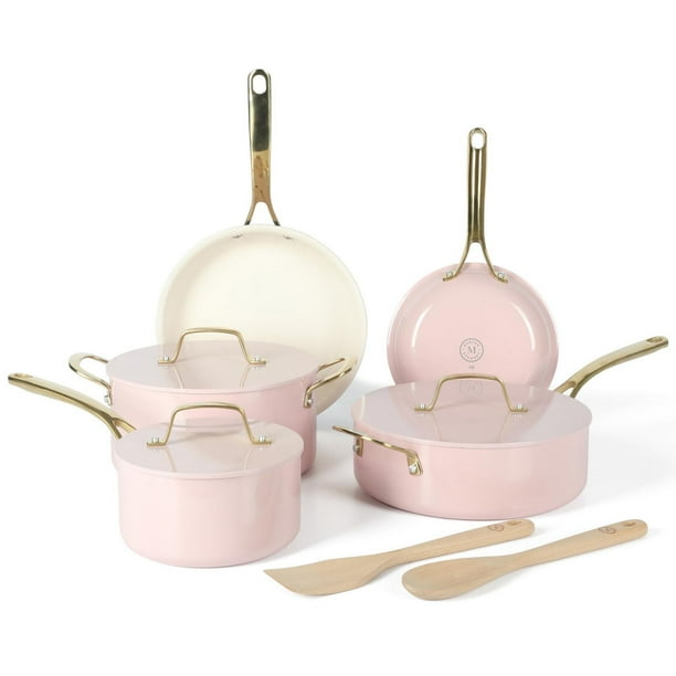 Martha Stewart Galway 10 Piece Aluminum Cookware Set w/Alum Lid, Pink ...
