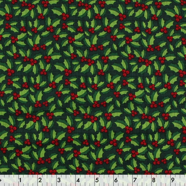 Fabric Creations Green with Christmas Holly Cotton Fabric by the Metre ...