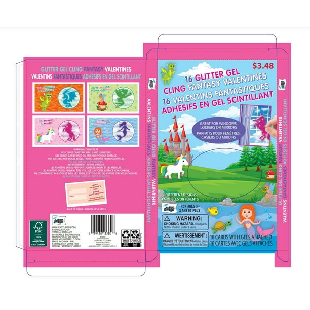 Way to Celebrate 16CT Glitter Gel Cling Fantasy Valentines Kiddie Cards ...