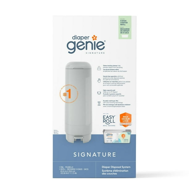 Diaper Genie Signature Pail - Grey, Includes 1 Easy Roll Refill with 9 Bags, holds up to 423 ...