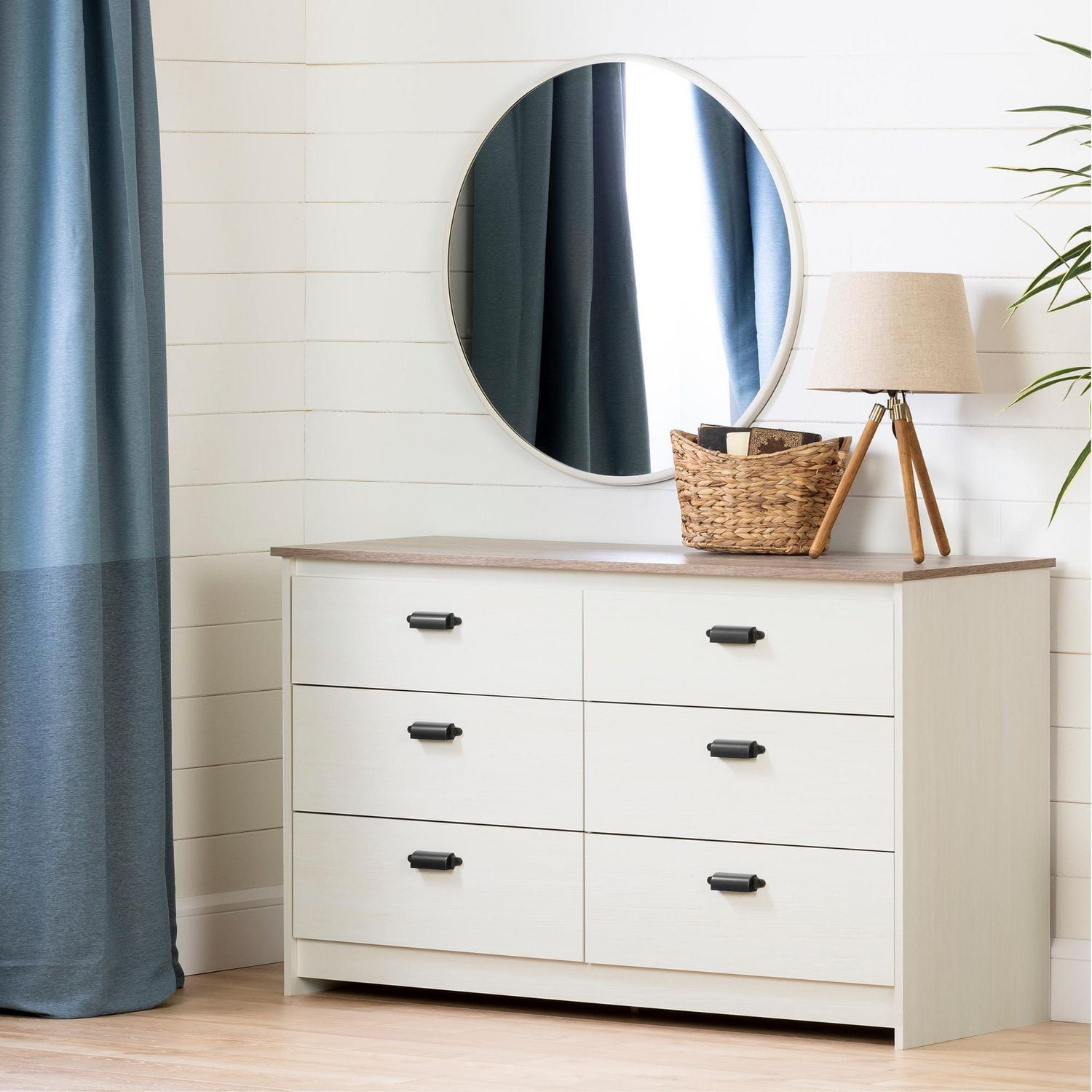 South Shore Plenny 6 Drawer Double Dresser White Wash and Weathered Oak Walmart