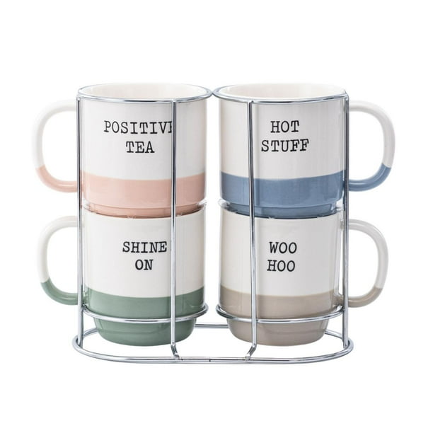 Mainstays Two-Tone Saying Ceramic Stacking Mug Set, 13 oz, 4 piece ...