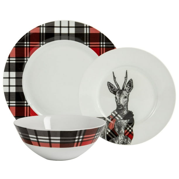 Safdie & Co. Dinnerware set Round Rim 12 Piece Set Cabin Plaid, Set for ...