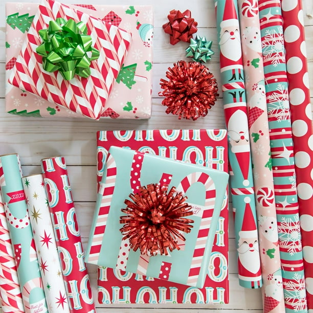 Holiday Time Christmas Wrapping Paper 8 Rolls Assortment Santa Red and ...