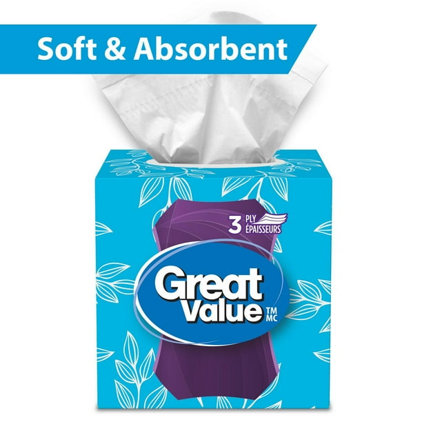 Great Value, Facial Tissues, 1 cube box, 75 tissues per box, 3Ply, 75 ...
