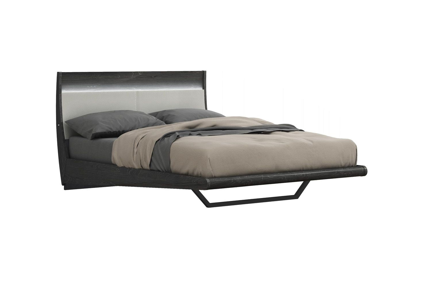 K Living Asher Grey Lacquer Finish Double Size Bed With Pu Padded Headboard And One Touch Led Light Grey Double