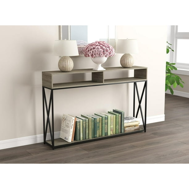 Safdie & Co. Console Table Dark Taupe 2 Open Shelves Black Metal ...
