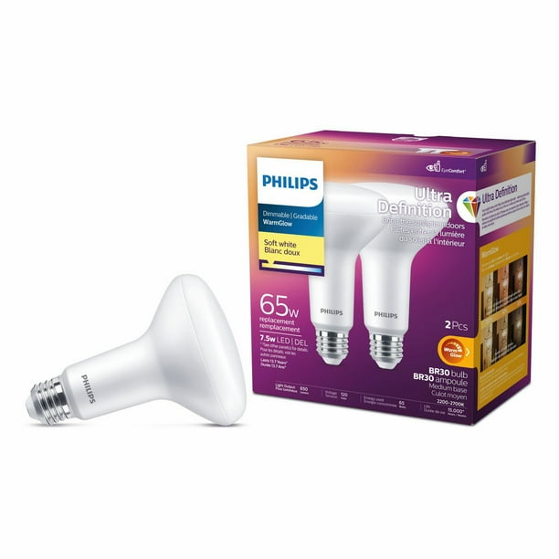 PHILIPS 7.2W (65W) BR30 Ultra High Definition Medium Base Soft White ...
