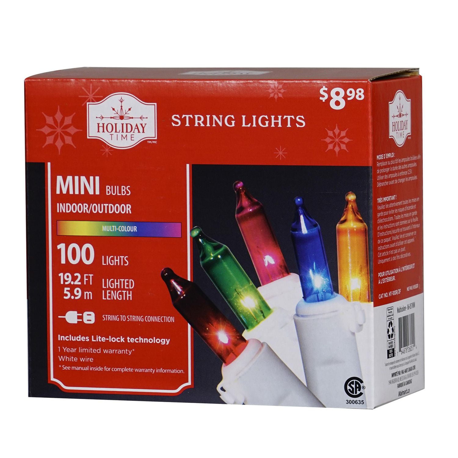 Holiday Time 100 Count Multicolor Incandescent Mini Christmas Lights with White Wire 19.2 3.25 8.2 cm bulb spacing