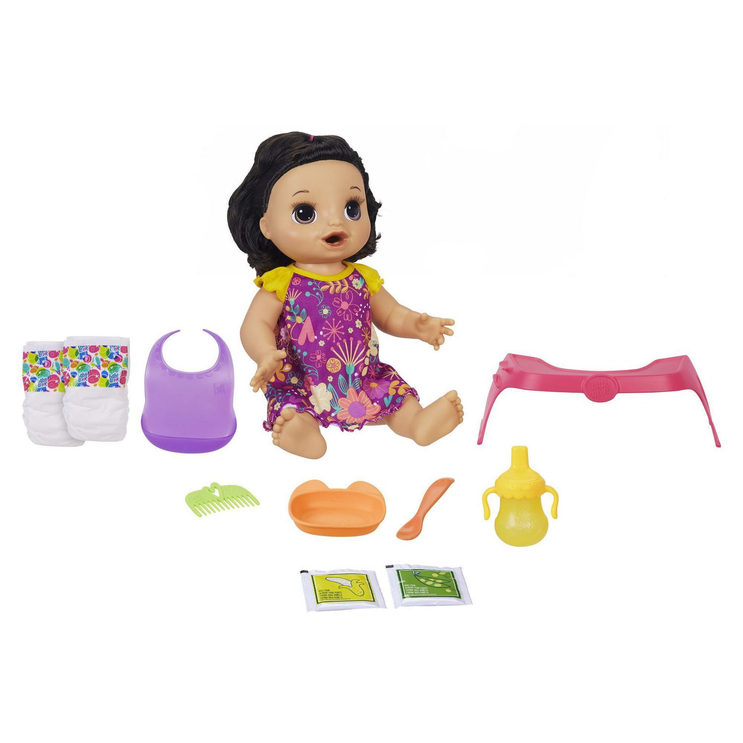 Baby Alive Happy Hungry Baby Black Straight Hair Doll Bilingual