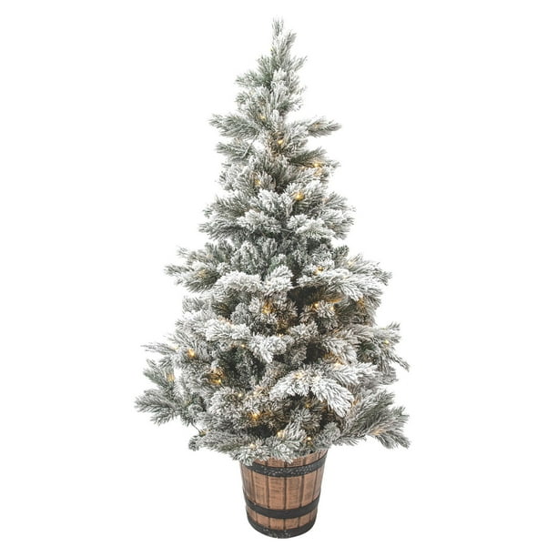 4.5 FT prelit flocked potted pine tree,100 5mm dual led (warm white ...