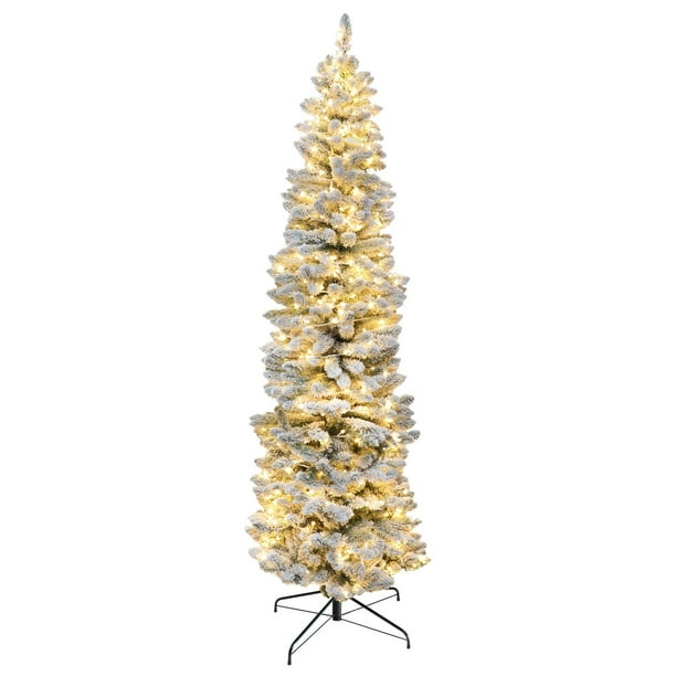 7FT prelit flocked pine slim tree, 200 warm white 5mm led lights ...