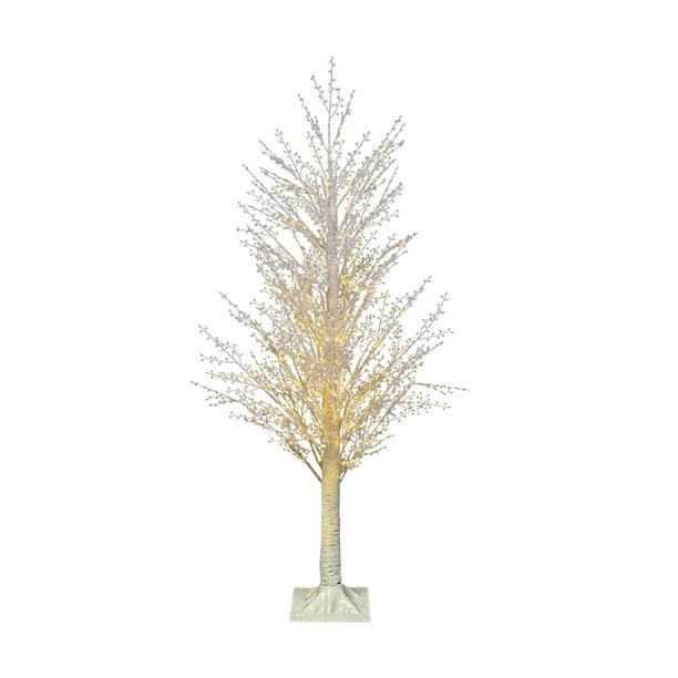 5FT prelit white birch tree, plastic white berries,170 warm white ...
