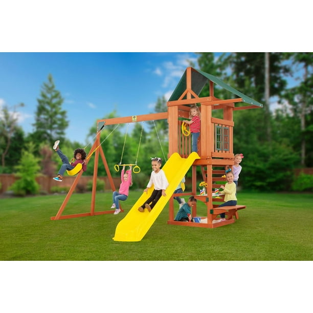 Cedar Cottage Wooden Playset with Picnic Table, Slide & Climbing Wall ...