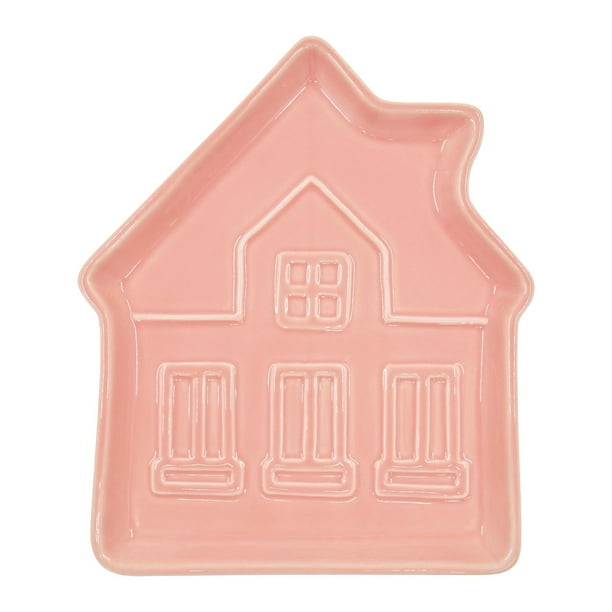 Holiday Time Christmas Pink Ceramic House Serving Plate, 10.2 x 12 x 1 ...